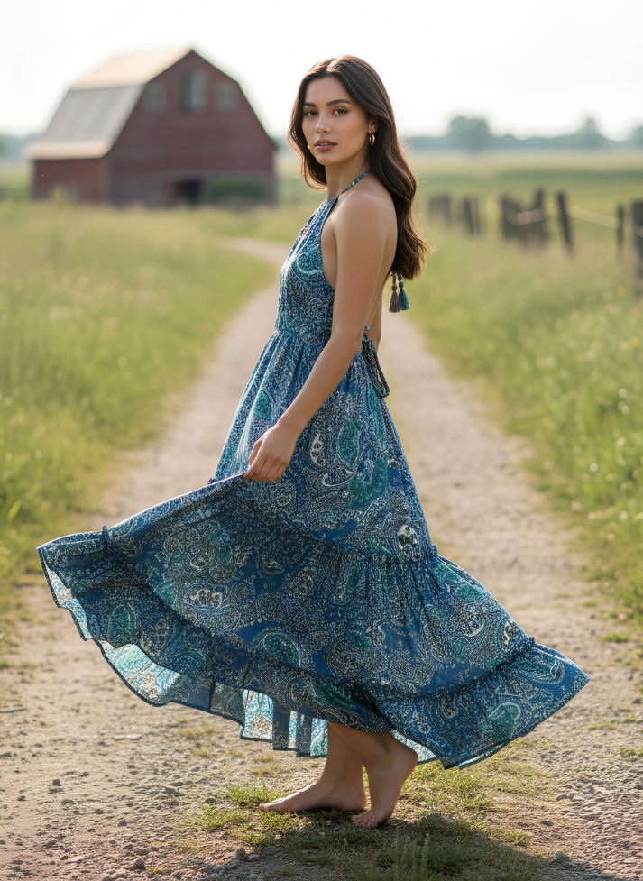 ZENA HALTER NECK BOHO MAXI DRESS – GREEN PURPLE – mywildhoneyuk